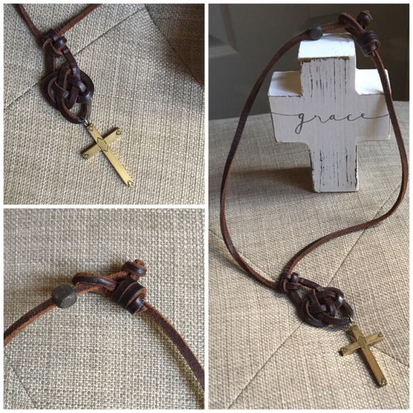 Jewelry | Brown Leather Necklace With Gold Tone Cross | Poshmark